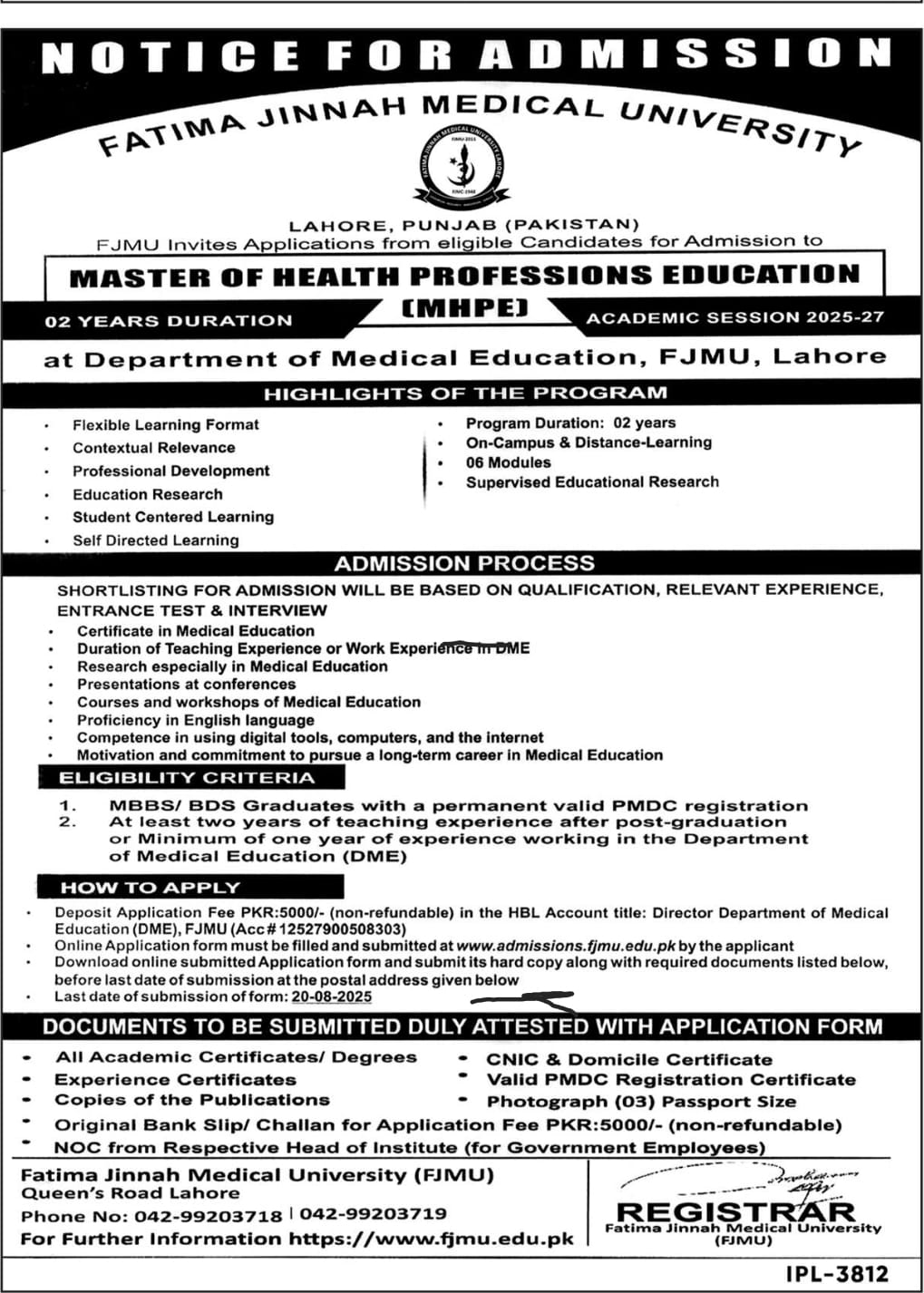 FATIMA JINNAH MEDICAL UNIVERSITY, LAHORE